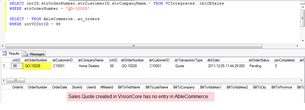 Add-Ons > eCommerce > VisionCore Sales Quote will not sync to AbleCommerce Order
