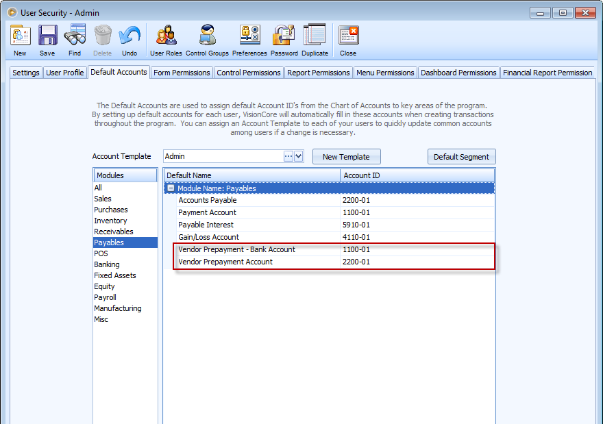 System Default Accounts For Vendor Prepayment In User Security