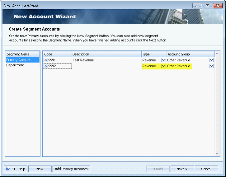 Accounting > Segment Account - Default Type and Account Group