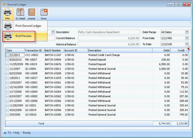 Purchases > Print Options for General Ledger and Batch Bill Entry form