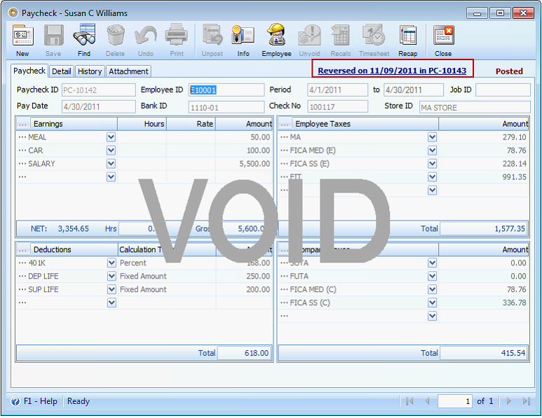 Payroll > Voiding Paycheck when Enable check reversal for voiding options is enabled